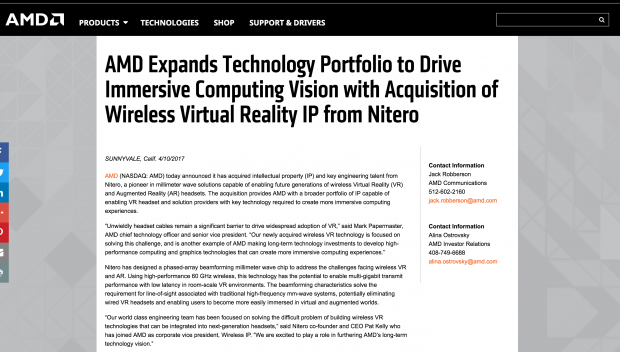 AMD、PC向け無線VRシステムを研究する「Nitero」を買収。60Ghz帯の弱点を克服する技術を評価 | Seamless