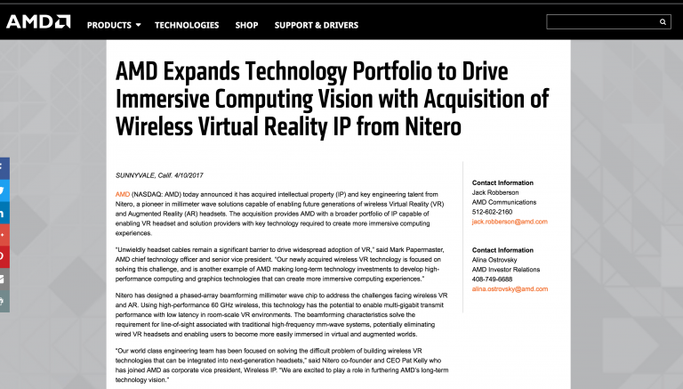 AMD、PC向け無線VRシステムを研究する「Nitero」を買収。60Ghz帯の弱点を克服する技術を評価 | Seamless