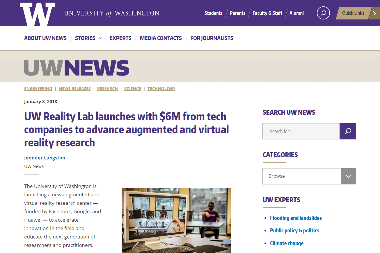 ワシントン大学、Facebook、Google、Huaweiから600万ドルの資金提供を受け新たなVR/AR研究・教育センター「UW Reality Lab」の立ち上げを発表 | Seamless